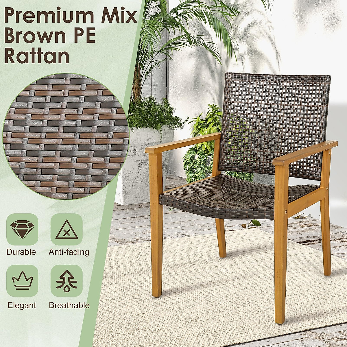 HAPPYGRILL Patio Dining Chair Set of 4, Outdoor Rattan PE Wicker Dining Chairs with Sturdy Acacia Wood Frame, Ergonomic Curved Seat, Outside Rattan Armchairs for Balcony Porch Poolside