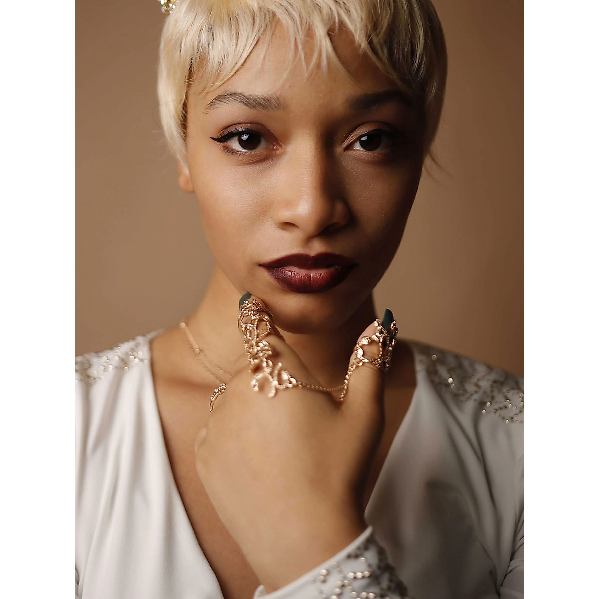 Full Finger Ring for Women Hand Chain Leaf Charm Finger Ring Bracelet with Chain Knuckle Open Long Finger Ring Hand Chains Adjustable Ring Bracelet Hand Chain Jewelry(Gold）