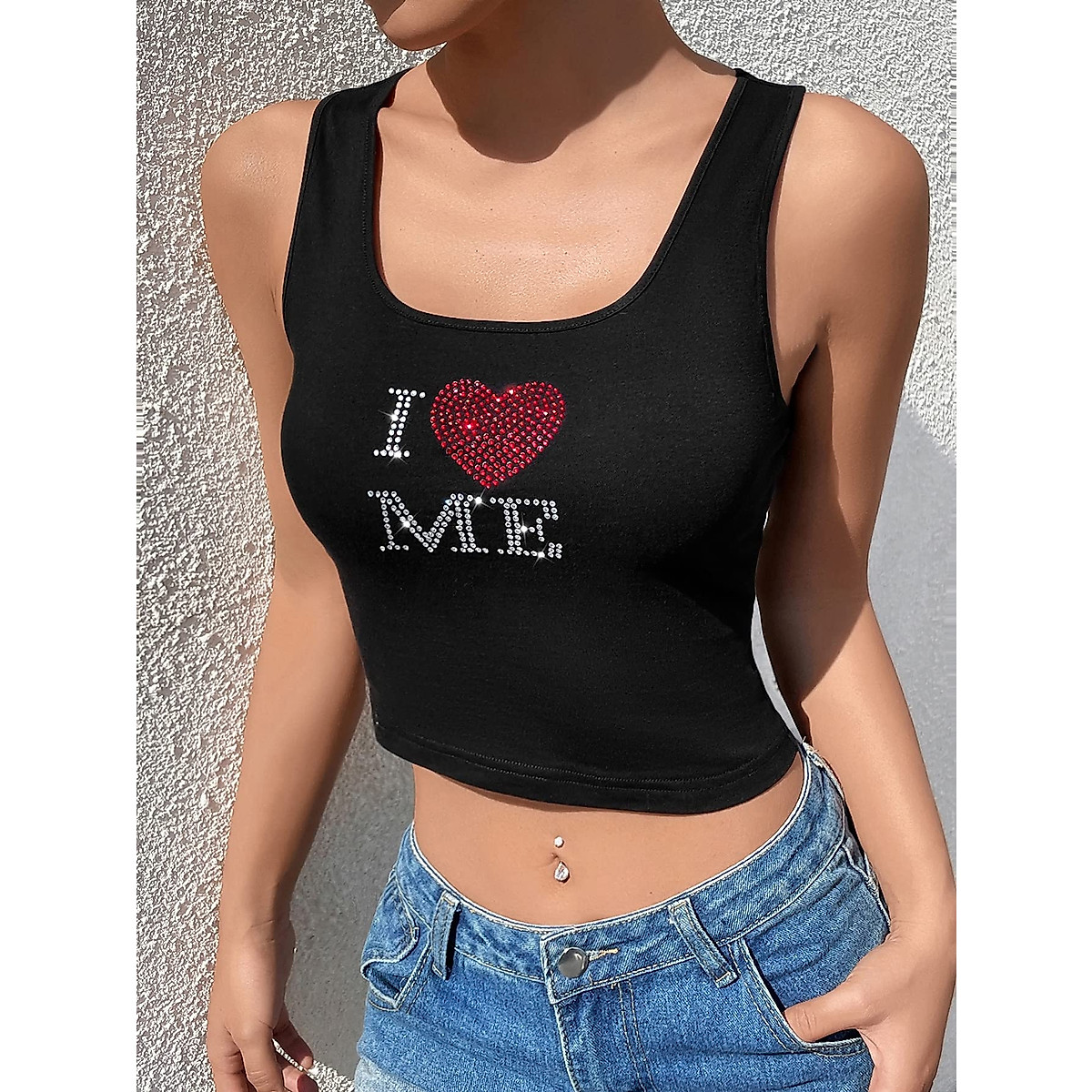 SOLY HUX Women's Rhinestone Heart Letter Print Y2K Crop Tank Top Scoop Neck Sleeveless T Shirts Solid Black XS