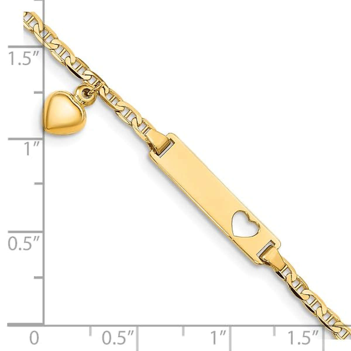14K Yellow Gold Heart Love Dangling Anchor Mariner Link Name Bar Identification ID Bracelet