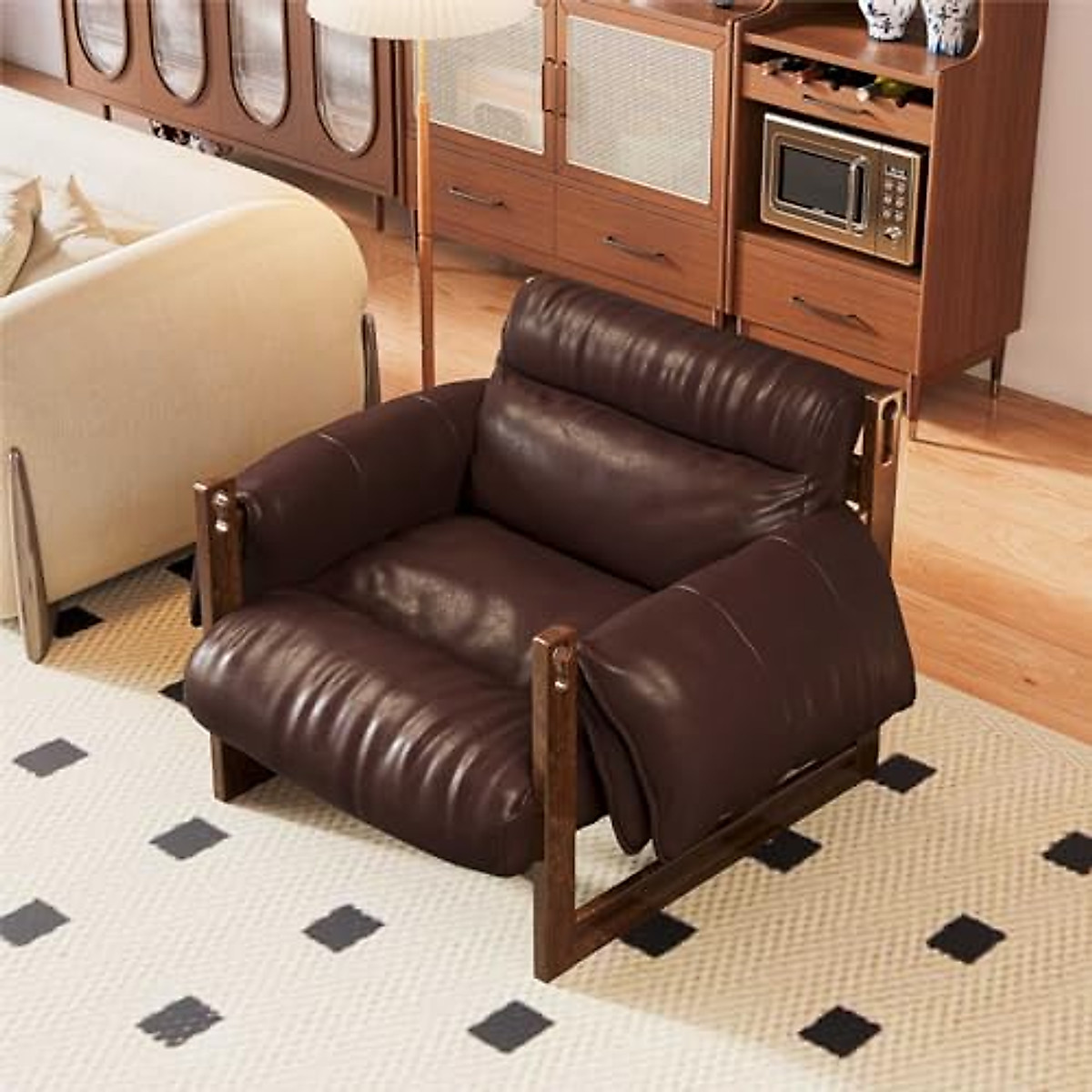 FRITHJILL 33.5" Wide PU Leather Accent Chair with Solid Wood Frame, Cozy and Stylish Living Room Bedroom Armchair, Lounge Chair with Pillow-Like Comfort, Dark Brown