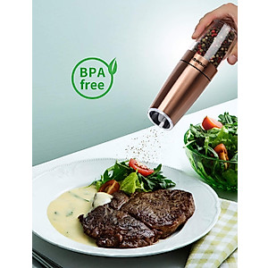 AmuseWit Gravity Electric Pepper and Salt Grinder Set [White Light] Battery Operated Automatic Pepper and Salt Mills with Light,Adjustable Coarseness,One Handed Operation,Copper