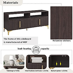 58” L Sideboard with Gold Metal Legs and Handles, Wood Console Table Storage Cabinet Sufficient Storage Space Magnetic Suction Doors (Espresso-J5)