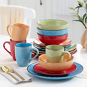 vancasso Navia Dinnerware Set 16 pieces Colorful Set for 4 Stoneware Spray Spot Patterned Service Dish with Dinner Plates, Salad Plates, Bowls, Mugs - Colorful