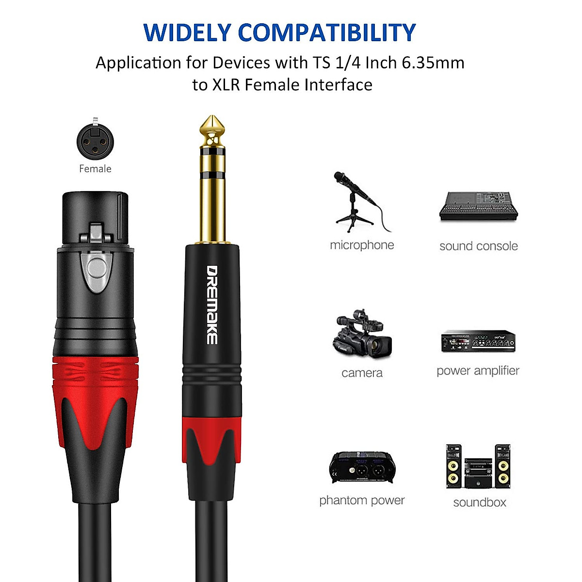 DREMAKE Audio XLR Female to 1/4 TRS Cable 40FT, Female XLR to 1/4 Cable, Jack 6.35mm 1/4 to XLR Female, 1/4 Inch to 3-Pin XLR Female Microphone Cable for Live & Stage Mixer Amplifier XLR Female to TRS