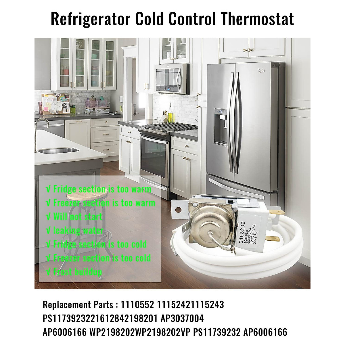 2198202 Cold Control Thermostat W10822278 Defrost Timer W10225581 Bimetal Thermostat Refrigerator Defrost Complete Kit Fit for Whirlpool Kenmore Refrigerators