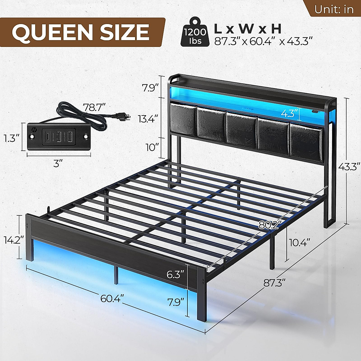 Rolanstar Bed Frame Queen Size with Charging Station and LED Lights, PU Leather Headboard with Storage Shelves, Heavy Duty Metal Slats, No Box Spring Need, Noise Free, Easy Assembly, Black