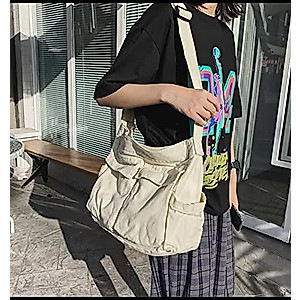 Unisex Canvas Crossbody Bag Hobo Messenger Bags Casual Bag Grunge Bag Shopping Shoulder Bag Large Tote Handbag Multi-pocket