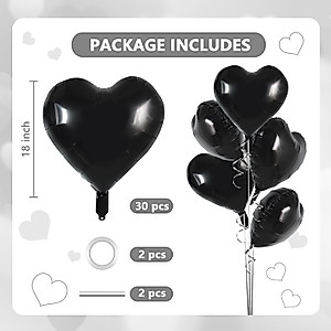TONIFUL 30Pcs 18 Inch Black Heart Balloons Black Heart Shape Foil Mylar Balloons Decoration for Birthday Valentine's Day Wedding Bridal Shower Anniversary Engagement Party Supplies