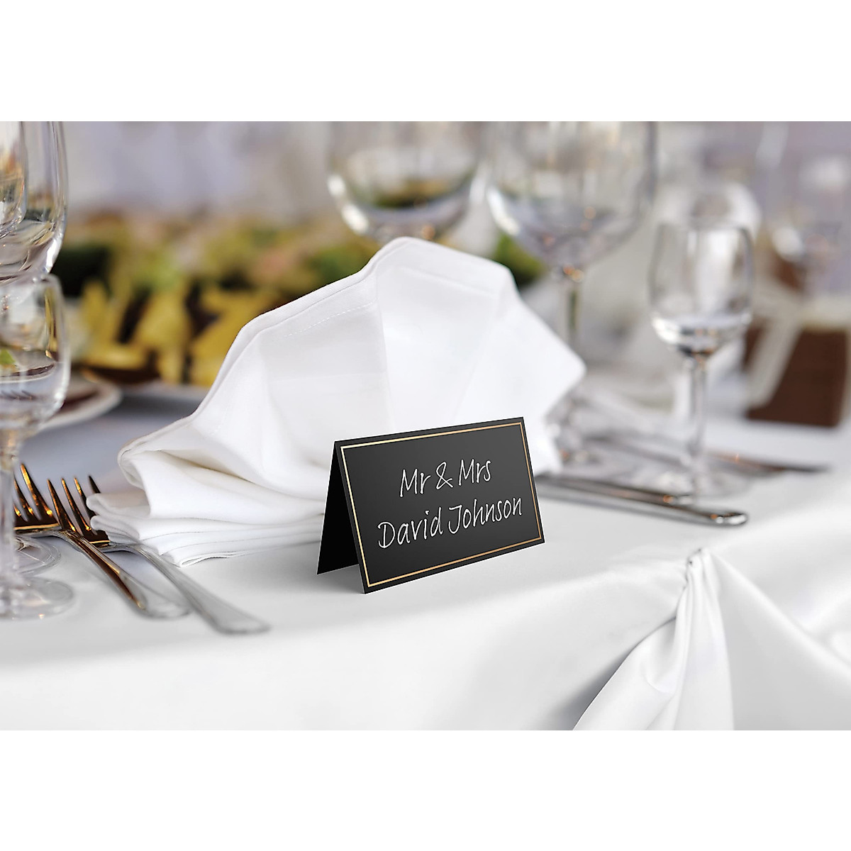 Better Office Products 100 Pack Gold Metallic Border Place Cards, 2 x 3.5 in, Folded Table Tent Cards for Weddings, Dinner Parties, Buffet Banquets,(Black)