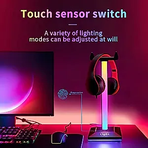 MOCIUN USB Gaming Desktop Headphone Display Stand, RGB Gaming Headphone Stand with USB 2.0 Hub and 3.5 mm Audio Port T-Ouch Control LED Strip Lamp (A)