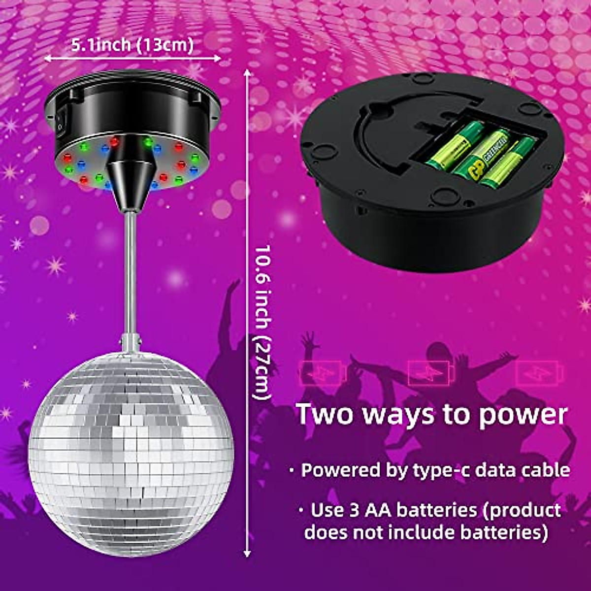 5-Inch Mirror Ball and 6RPM Rotating Motor Base, Disco Party Ambient Light, Base 18 Red, Green, Blue Three Color Bulbs, for Home Parties, Weddings, Nightclubs, Bars, Bands, KTV, Parties