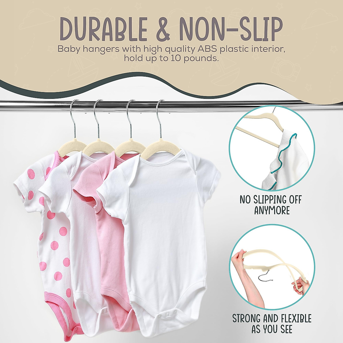 TechZoo 50 Premium Baby Velvet Hangers - 11" Inch Non-Slip Baby Hangers, Ultra-Slim Space-Saving Children Hangers - 360° Swivel Hook, Strong & Durable Infant & Toddler Clothes Hangers - Ivory