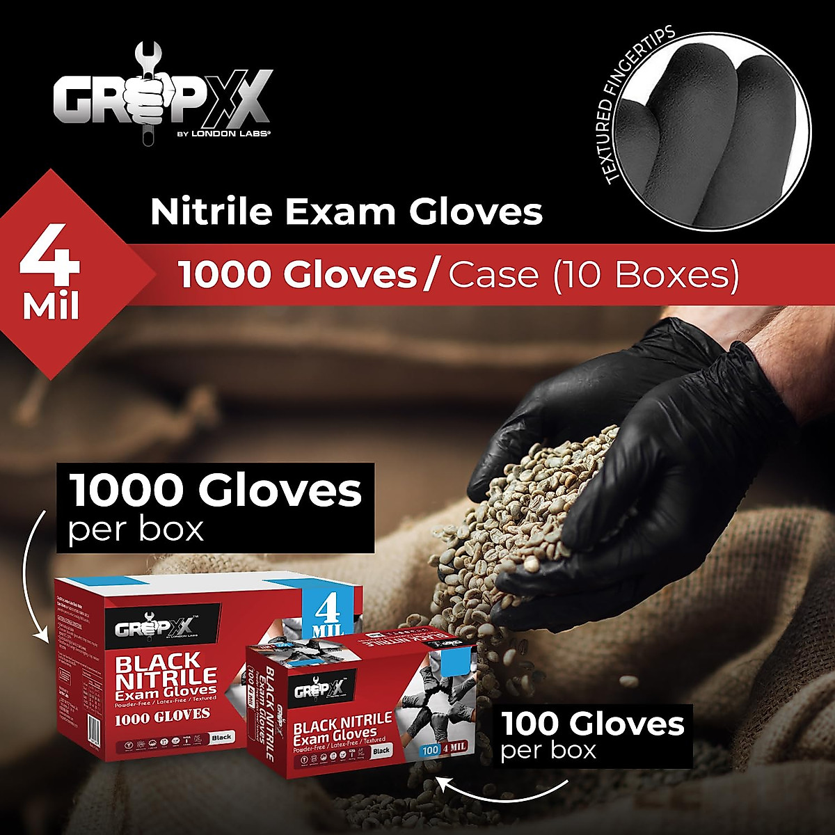 London Labs GRIPXX Black Nitrile Gloves - 4 Mil Thick, Disposable Multi-Purpose Nitrile Gloves – Latex & Powder-Free - 100/200/1000 Count (XS, S,M,L,XL,XXL)