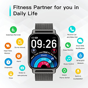 Popglory Smart Watch for Women & Men, 1.85'' Call Receive/Dial Smartwatch, Fitness Tracker with Blood Pressure/SpO2/Heart Rate Monitor, Fitness Watch with 4 Straps for iOS & Android Phones
