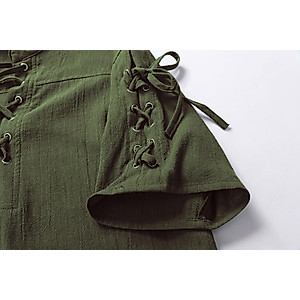 mogenda Men’s Renaissance Costume Beach Shirts Short Sleeve Lace-up Viking Pirate T-Shirts V Neck Hippie Yoga Tops(L,Army)