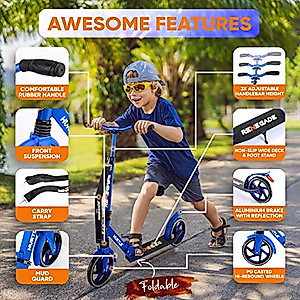 Hurtle Lightweight and Foldable Kick Scooter - Adjustable Scooter for Teens and Adult, Alloy Deck with High Impact Wheels (Blue)