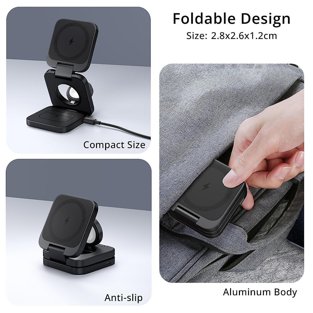 LULULOOK Charging Station for Apple Multiple Devices, Foldable 3 in 1 Charger 15W Aluminum Mag-Safe Travel Charger for iPhone 15 14 13 12 Pro/Max/Plus, 5W Fast Charging for Apple Watch, AirPods