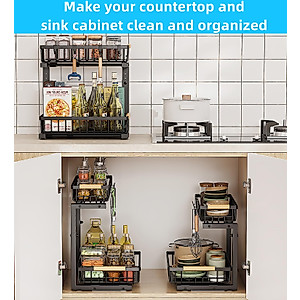 exilot 2 Pack Under Sink Organizer, Large 2 Tier Under Sink Organizer Storage, Height Adjustable Metal Pull Out Cabinet Organizer, Sliding Storage for Kitchen/Bathroom/Laundry Room.