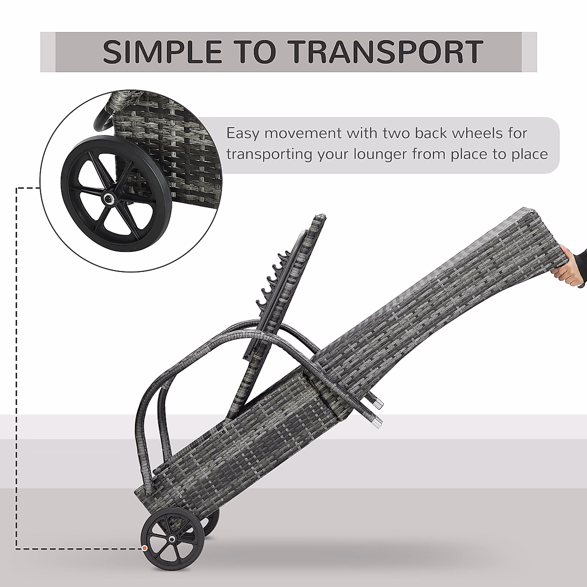 Outsunny Wicker Outdoor Chaise Lounge, 5-Level Adjustable Backrest PE Rattan Pool Lounge Chair with Wheels, Cushion & Headrest, Mixed Gray and Charcoal Gray