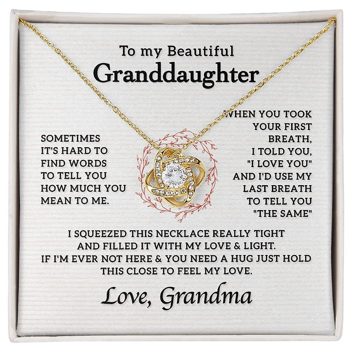 To My Granddaughter 18K Yellow Gold Finish Love Knot Necklace from Grandma, Birthday Wedding Graduation Gift From Grandmother, Lovely Message Card with Two Toned Box