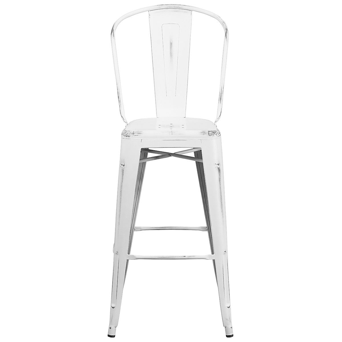 EMMA + OLIVER Commercial Grade 30" H Distressed White Metal Indoor-Outdoor Barstool w/Back