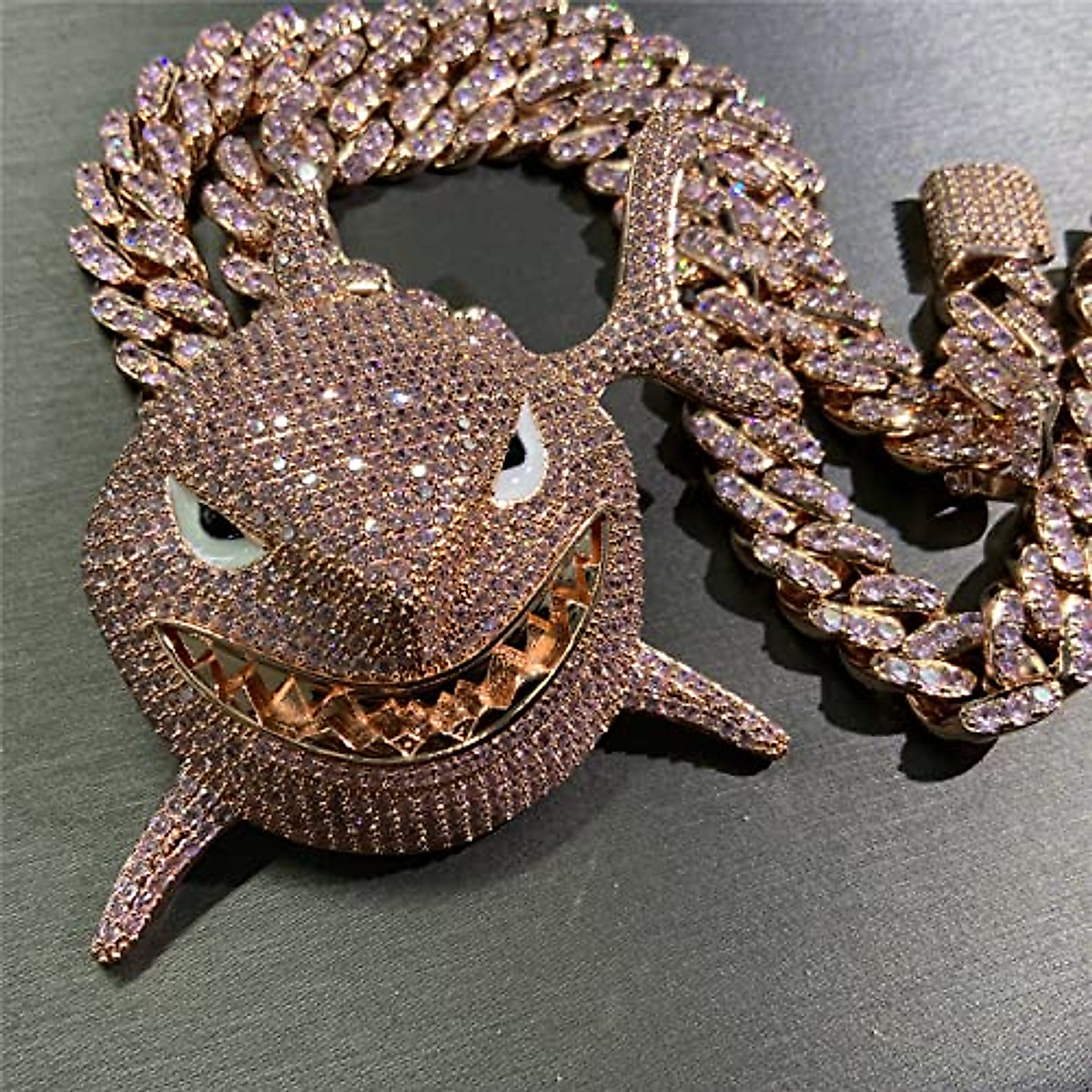 ICEDIAMOND Fancy Pink CZ Diamond Shark Pendant VS 12MM Iced Out Cuban Chain Necklace, 18K Rose Gold Plated L-Size Charm Hip Hop Jewelry for Men Women (Rose,20''Cuban)