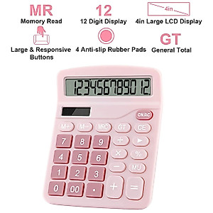 Podokas Office Calculators Desktop, 12-Digit Battery Dual Power Cute Calculator with Large LCD Display Big Button for Office Home and School (Pink)