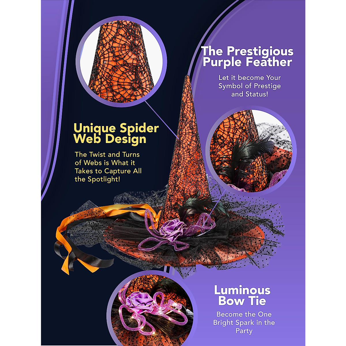 UNKENBO Orange LED Light Witch Hats for Women - Fancy Light Weight Halloween Witch Hat with Cute Lace and Large Hat Brim Unique Halloween Designs and Purple Feather for Witch Costume Size: 20 inch