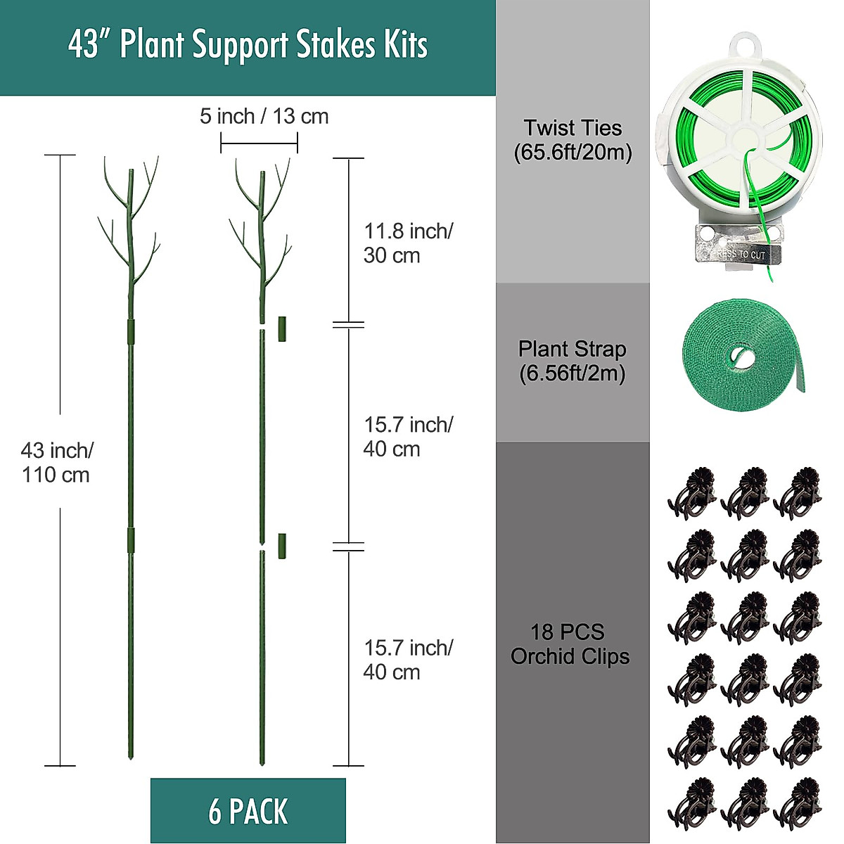 Fetanten Monstera Plant Support, 43 Inch Plant Support Stakes Moss Pole for Indoor Plants with Orchid Clips Twist Ties and Plant Strap, Perfect Plant Stakes for Climbing Plant (6 Pack)
