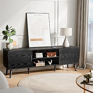 SUPERJARE TV Stand for 55 Inch TV, Entertainment Center with Adjustable Shelf, 2 Cabinets, TV Console Table, Media Console, Solid Wood Feet, Cord Holes, for Living Room, Bedroom, Black