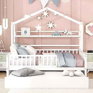 Harper & Bright Designs Full House Bed with Trundle, Wood Full Kids Bed Frame with Shelf, Full Size House Bed for Kids with Roof for Girls, Boys,No Box Spring Needed (Full, White)