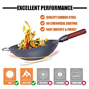 Teewe Carbon Steel Wok Traditional Hand Hammered Wok - 13.4” Chinese Wok Round Bottom Wok Pan Set with 8 Pcs Cookware Accessories