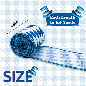 Wehhbtye 20 Yard Oktoberfest Wired Edge Ribbon - 2.5Inch Blue and White Diamond Check Wired Edge Ribbon Oktoberfest Bavarian Gingham Decorative Ribbon for DIY Craft Wrapping Bow Home Party Decor