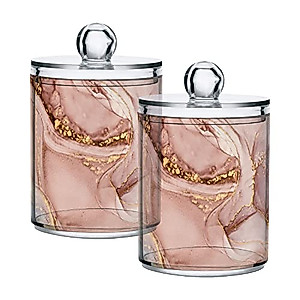 WELLDAY Apothecary Jars Bathroom Storage Organizer with Lid - 14 oz Qtip Holder Storage Canister, Gold Pink Marble Texture Clear Plastic Jar for Cotton Swab, Cotton Ball, Floss Picks, Makeup Sponges,H