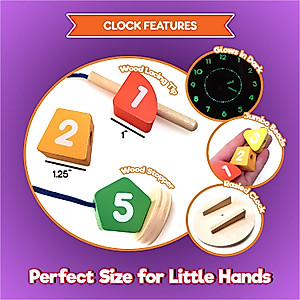 Lace & Learn Wood Clock for Kids - Shapes, Colors, Lacing & Telling Time Toddler Clock - Glow in The Dark Fine Motor Skills and Wooden Toys with Activity eBook