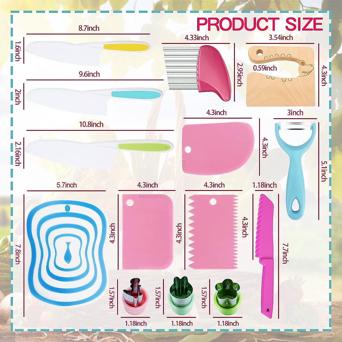 14 Pieces Wooden Kids Kitchen Safe Knife Set,Kid Safe Knives Set Include Wood Kids Knife Vegetable Cutter Shapes Potato Slicers Cooking Knives Peeler Cutting Board for Children