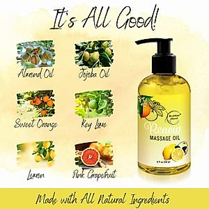 Renew Massage Oil with Orange, Lemon & Peppermint Essential Oils - Great for Massage Therapy or Home use. Ideal for Full Body – with Almond, Grapeseed & Jojoba – by Brookethorne Naturals