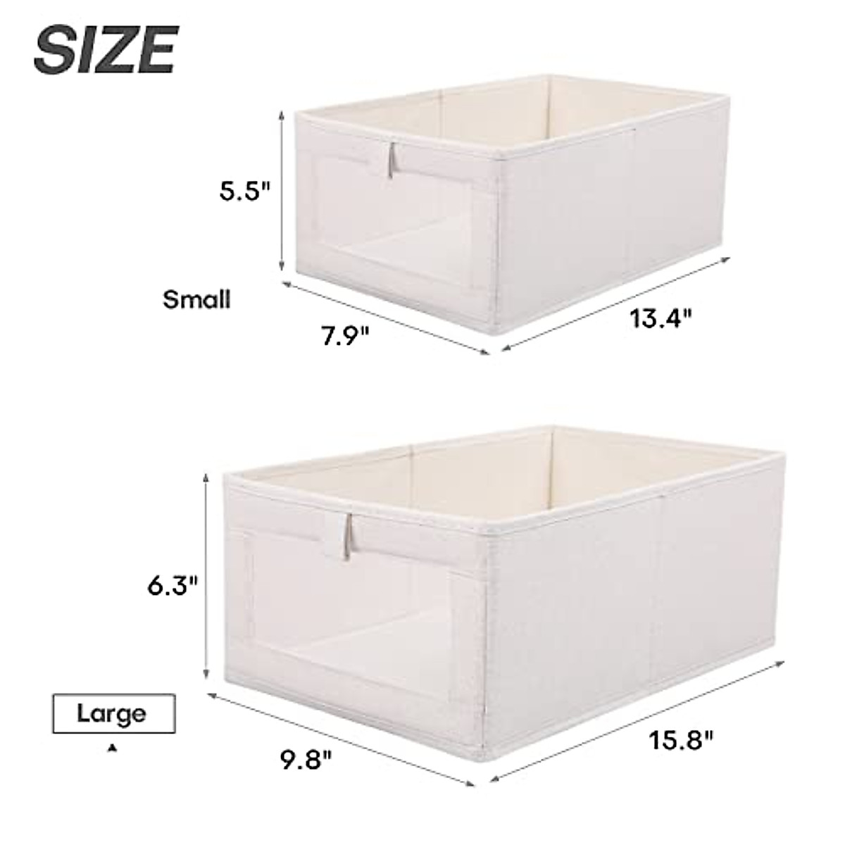 LaMorée Fabric Storage Bin Box Rectangular Cotton Linen Storage Basket Cube with Thick PP Board Clear Mesh Window Foldable Decorative Nursery Home Office Organizer Container – Beige, Large