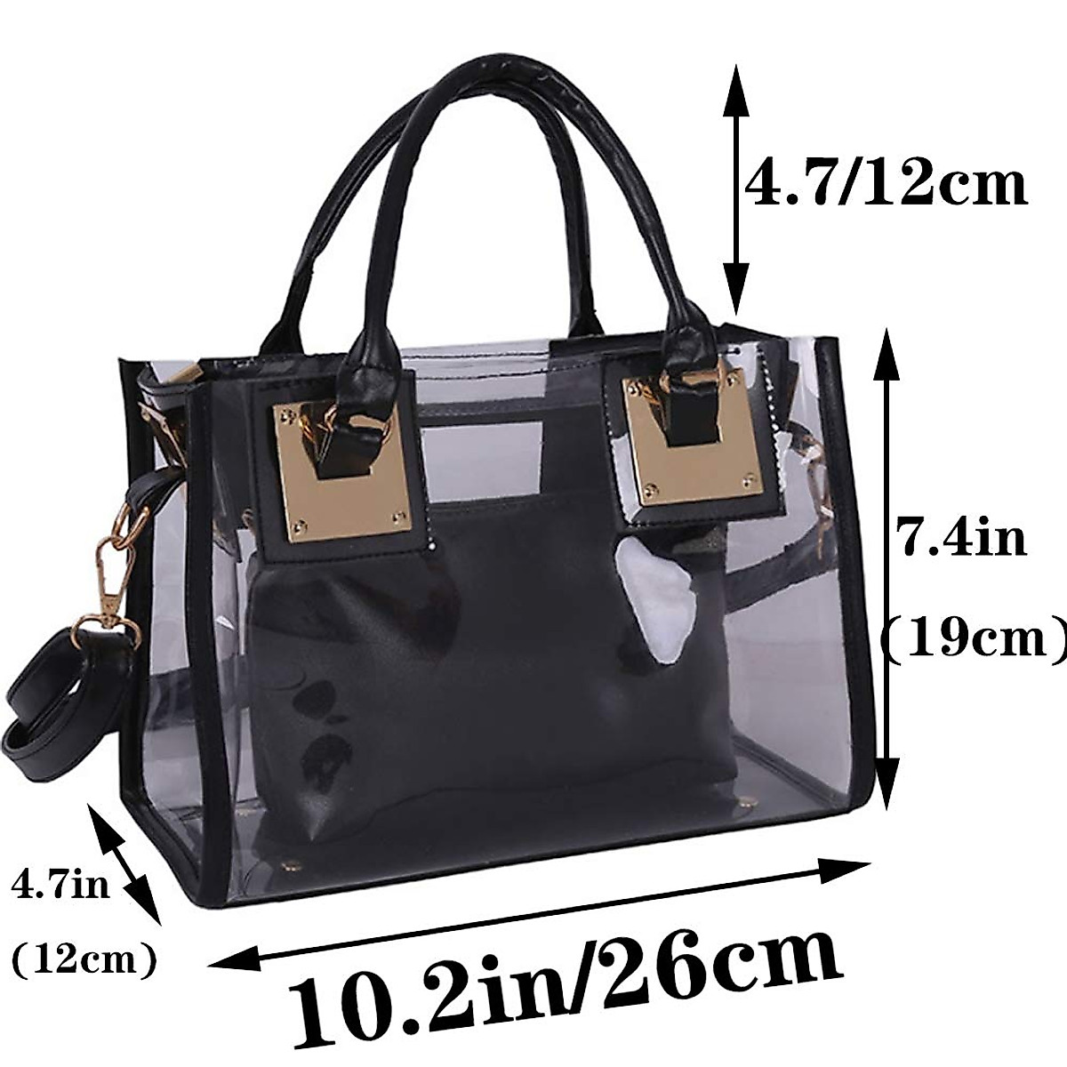 RainboSee Women 2Pcs Small Tote Clear Shoulder Top-handle Bag PVC Transparent Satchel Candy Handbag Clutch Purse Wallet Black