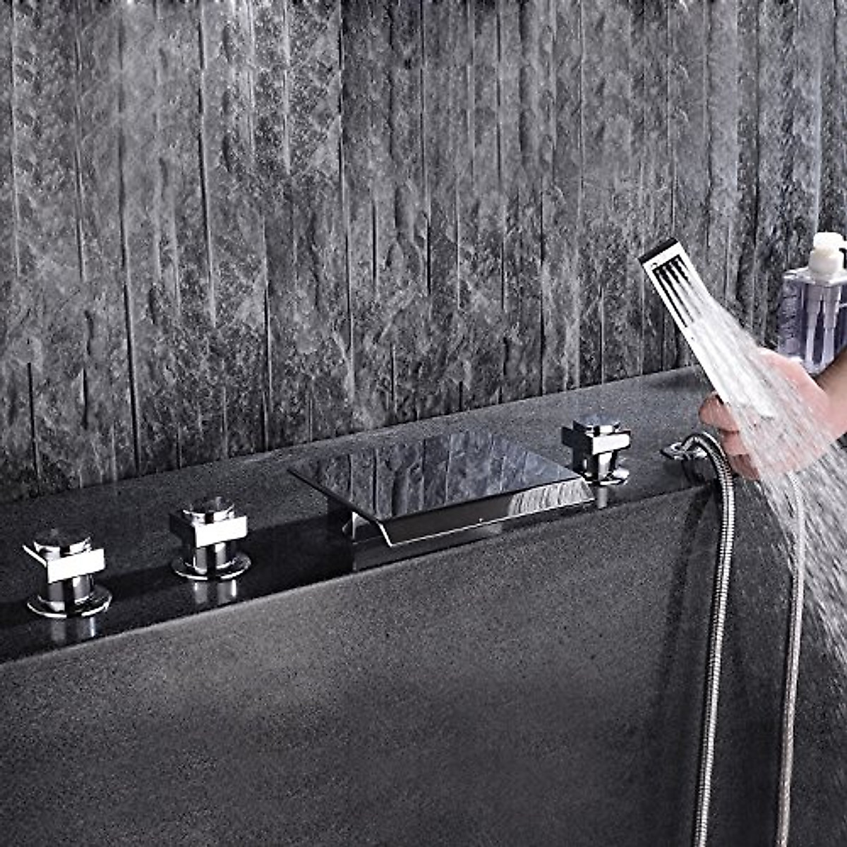 Lovedima Modern 5 Pieces Waterfall Bathroom Bathtub Faucet Roman Tub Filler with Handheld Shower