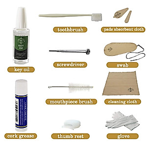 Clarinet Cleaning and Maintenance Cleaner Care Kit with Key Oil, Cork Grease, Swab, Cleaning Cloth, Thumb Rest, Mouthpiece Brush, and More in Khaki