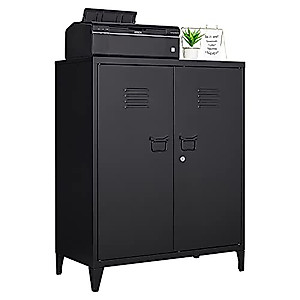 AFAIF Metal Storage Cabinet with Lock, Free Standing Office Cabinet with Doors and Shelves, Lockable Steel Locker Storage Cabinet Black Side Cabinets for Home, Office, Garage and Utility Room,Hallway