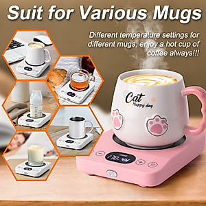 Coffee Mug Warmer & Cute Cat Mug Set, Electric Coffee Warmer for Desk with 9 Temp Setting (Up to 180℉/ 80℃), 1-9 Timer Smart Cup Warmer Plate for Beverage Milk Tea, Gravity Induction Auto ON/Off
