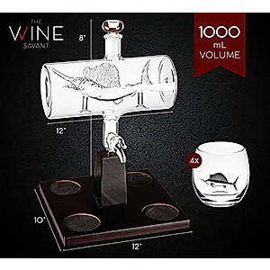 Swordfish & Sailfish Wine &Whiskey Decanter Dispenser and 4 Liquor Glasses - Fishing & Boat Decanter & Glass Set - Fishing Gifts for Men Bourbon & Scotch Decanter for Alcohol - Fisherman Gifts for Dad