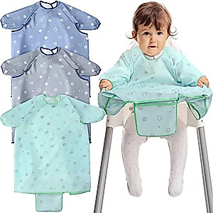 3 Pcs Coverall Baby Feeding Bib Long Sleeves Bib Attaches to Highchair Booster Seat Table Baby Smock for Eating Easy to Clean Baby Apron Neutral Weaning Bib for 6-36 Months Toddler Boys Girls Kids