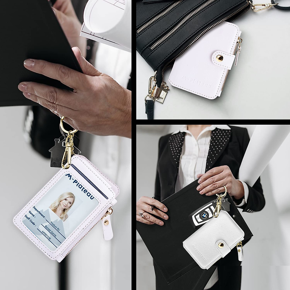 M-Plateau Off white Keychain Wallet, Wallet Women with Circle Coin Purse Keychain and Zipper Card Case,Trifold Leather wallet with ID Window Gift For Women (White)