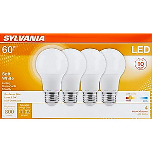 SYLVANIA LED A19 Light Bulb, 60W Equivalent Efficient 8.5W Medium Base, 2700K Soft White, 4 pack