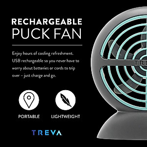Treva Rechargeable Battery Small Fan - 3.5 Inch Blade USB Charging Port Fan - 3 Speed Circular Cooling Design - Portable Handheld or Personal Desktop Size - Travel Ready (Mint, 1)