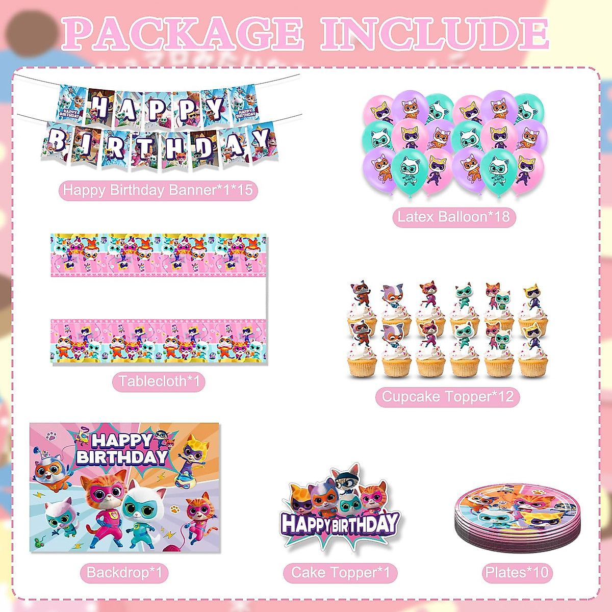 Super Cat Birthday Party Supplies - Super Cartoon Kitty Birthday Decorations with 18X Balloons, Birthday Banner, Tablecloth, Cake Topper, 12X Cupcake Toppers, 10X Plates, Backdrop for Fans Kids